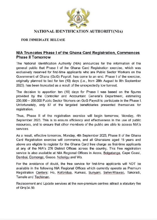 Ghana card: NIA to register persons 15 years and older from today ...